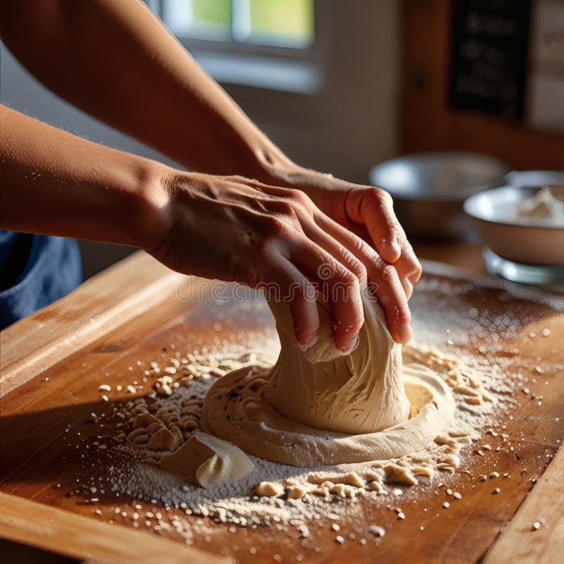 Hands Kneading Dough in a Bright, Rustic Kitchen with Natural Light ...