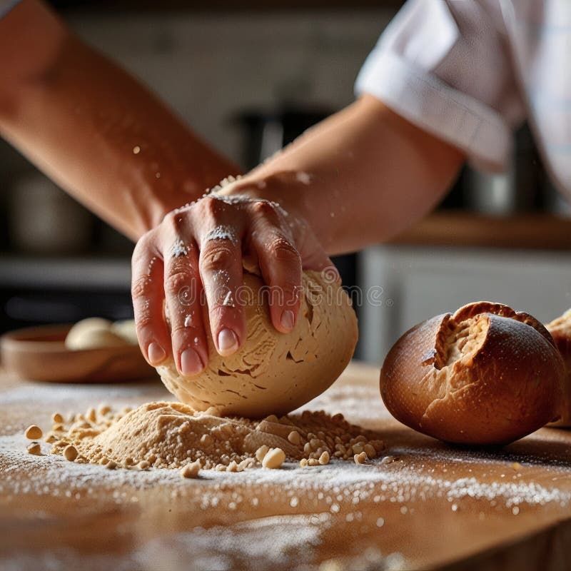 Hands Kneading Dough in a Bright, Rustic Kitchen with Natural Light ...