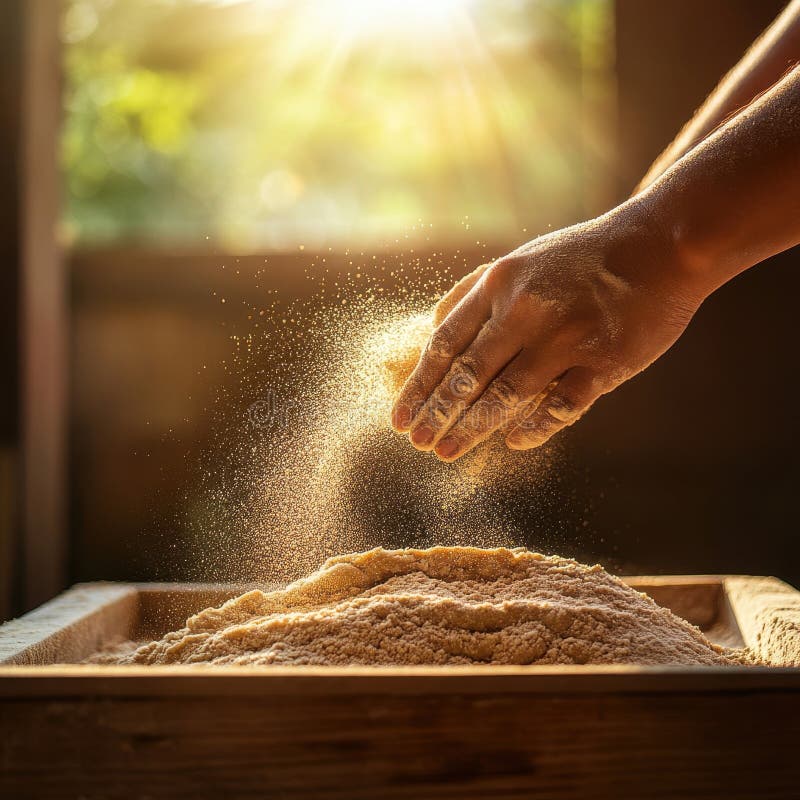Hands Kneading Dough with Flour Dust Dancing in the Sunlight Creating a ...