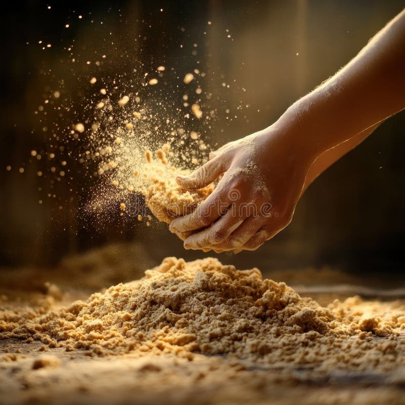 Hands Kneading Dough with Flour Dust Dancing in Sunlight Creating a ...