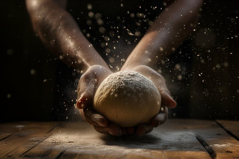 Hands Kneading Dough with Flour Dust in a Rustic Kitchen Setting Stock ...