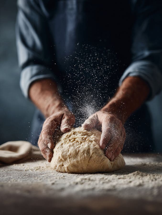 Hands Kneading Dough, Flour Dusting the Air in a Warm, Rustic Kitchen ...