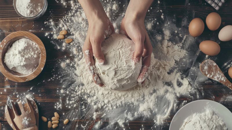 Hands Kneading Dough with Flour and Ingredients on Table Stock Image ...