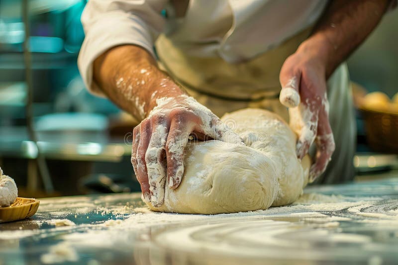 Hands Kneading Dough with Flour on a Table. Stock Image - Image of hand ...