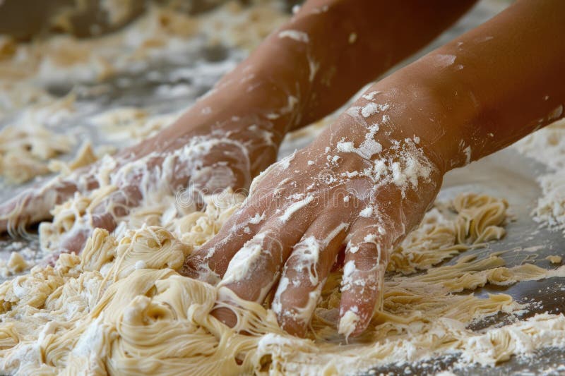 Hands Kneading Dough on Floured Surface: Artisanal Baking Process in ...