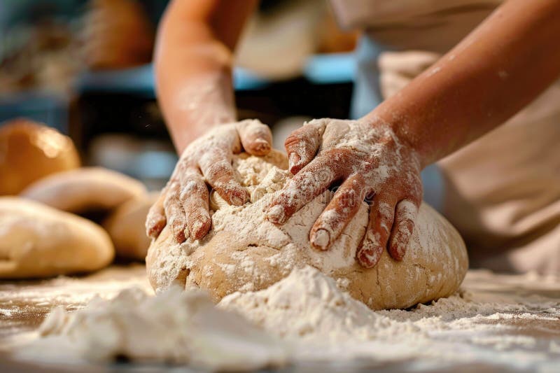 Hands Kneading Dough on Floured Surface: Artisanal Baking Process in ...