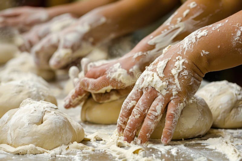 Hands Kneading Dough on Floured Surface: Artisanal Baking Process in ...