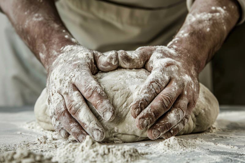 Hands Kneading Dough on Floured Surface: Artisanal Baking Process in ...
