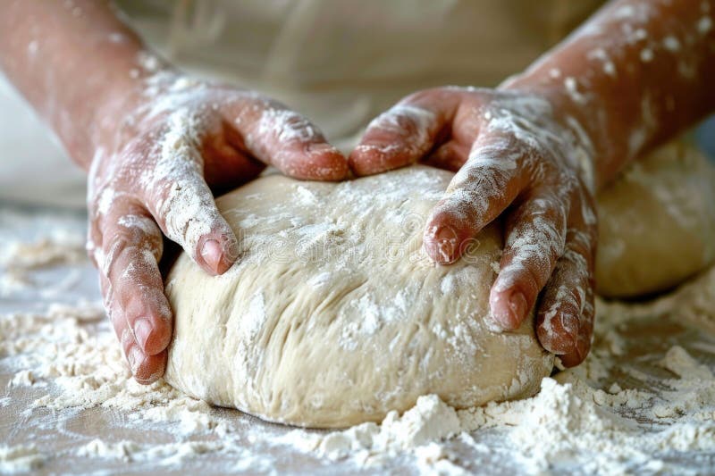 Hands Kneading Dough on Floured Surface: Artisanal Baking Process in ...