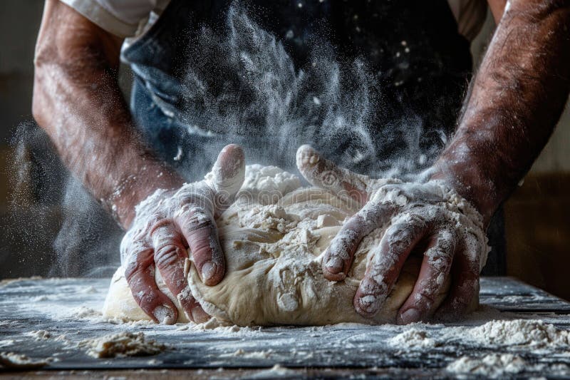 Hands Kneading Dough on Floured Surface: Artisanal Baking Process in ...