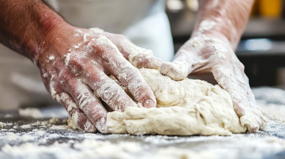 Hands Kneading Dough on a Floured Surface during Baking Stock ...