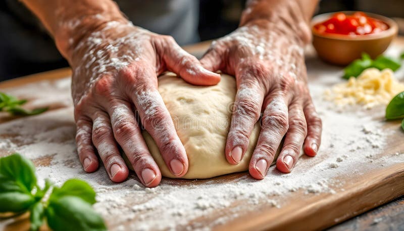 Hands Kneading Dough Floured Surface Surrounded Fresh Ingredients Ai ...
