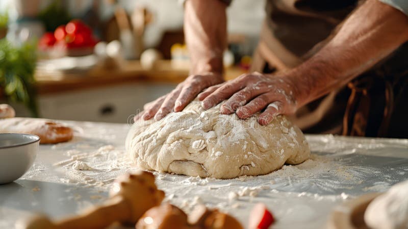 Hands Kneading Dough on a Floured Surface in a Kitchen. Stock Photo ...
