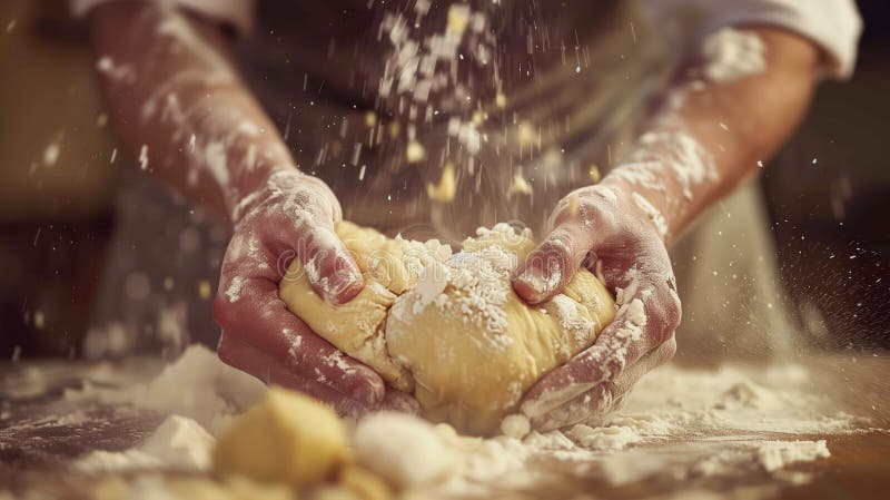 Close-up of Hands Kneading Dough with Flour Flying, Preparing Fresh ...