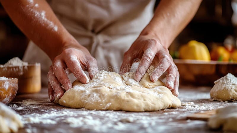 Hands Kneading Dough Rustic Kitchen Baking Scene AI-generated. Stock ...