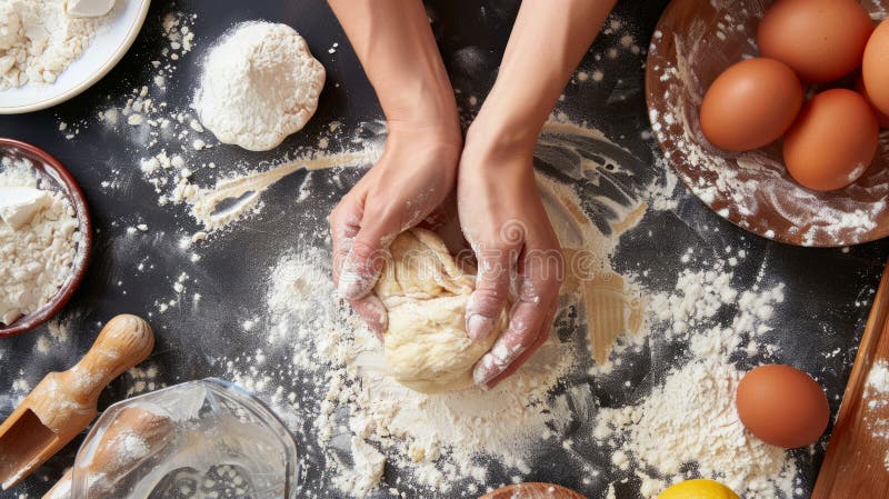 Hands Kneading Dough Surrounded by Fresh Ingredients Stock Illustration ...