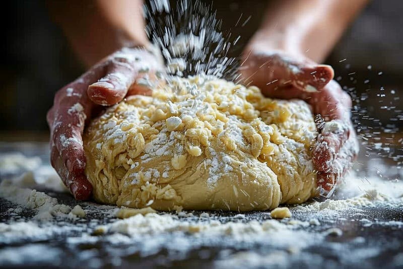 Hands Kneading and Stretching Pizza Dough on a Floured Surface ...