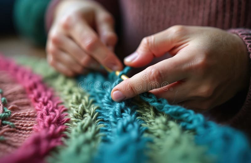 Hands Knit Detailed Colorful Pattern Using Vibrant Yarn Threads. Craft Activity, Handmade ...