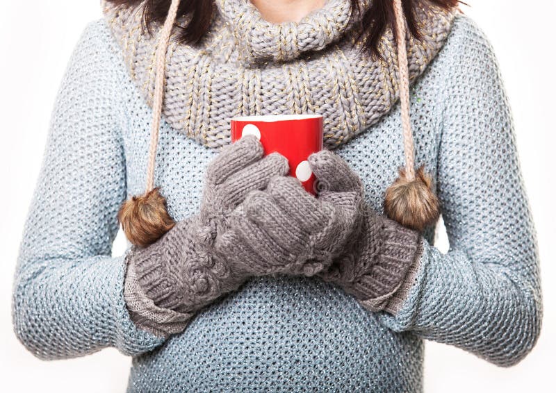 Hands in Knitted Mittens Holding Red Mug Isolated on a White Background ...
