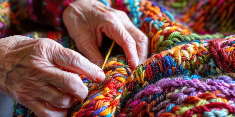 Hands Knitting a Complex Pattern with Colorful Yarns, Highlighting the ...