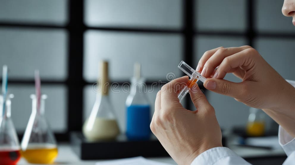 Hands of Laboratory Technician at Workplace in the Laboratory. Close Up ...