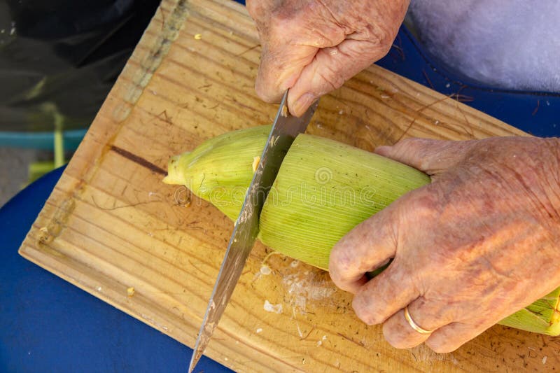 Hands of a Lady Cutting the Tip of the Corn Cob. Stock Photo - Image of ...