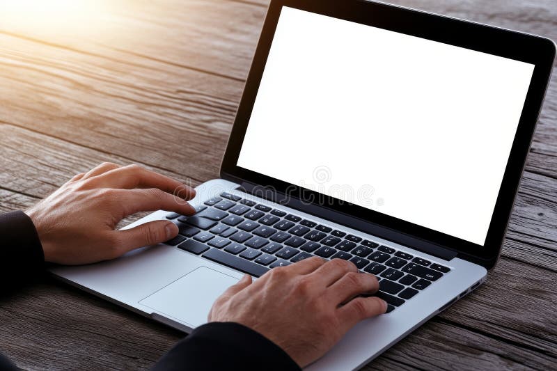 Hands and Laptop with Blank Screen. Mock-up of Computer Monitor ...