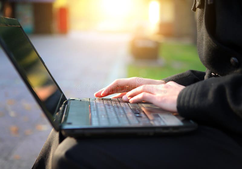 Hands on Laptop closeup stock image. Image of arms, notebook - 49421705