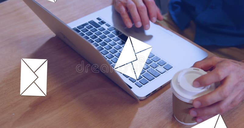 Hands on a Laptop with Coffee and Message Icons Stock Image - Image of ...