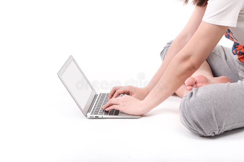 Hands on the Laptop Computer Isolated on White. Stock Image - Image of ...