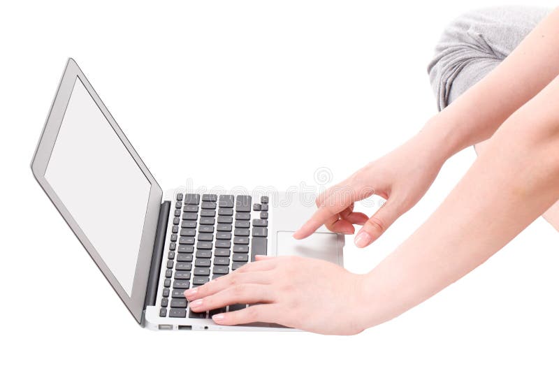 Hands on the Laptop Computer Isolated on White. Stock Photo - Image of ...