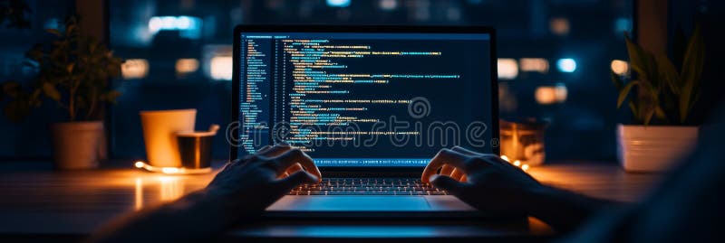 Hands On A Laptop Keyboard With Code On The Screen In A Dimly Lit 8499