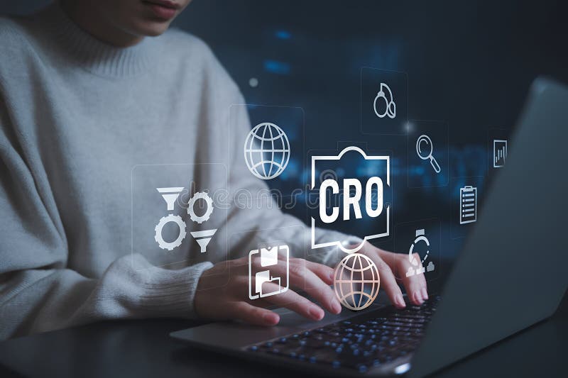 Person Typing on Laptop with Digital CRO Icons Overlayed on the Screen ...