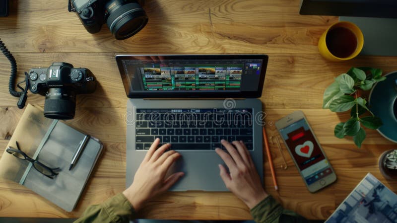 Hands are on a Laptop Keyboard with Video Editing Software on the ...