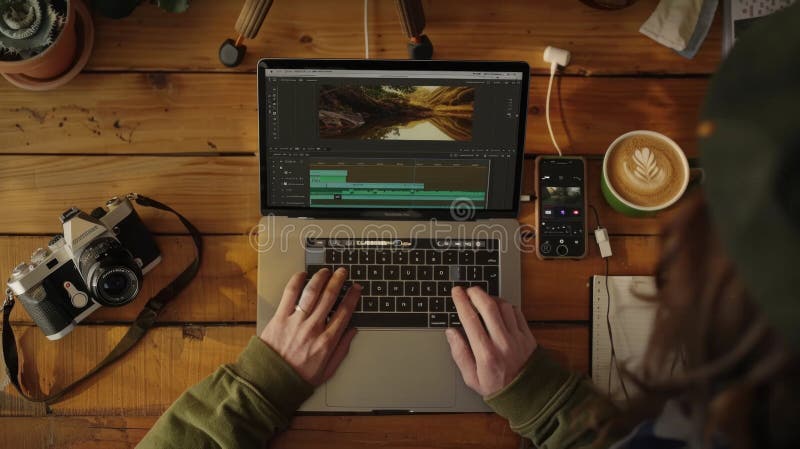 Hands are on a Laptop Keyboard with Video Editing Software on the ...