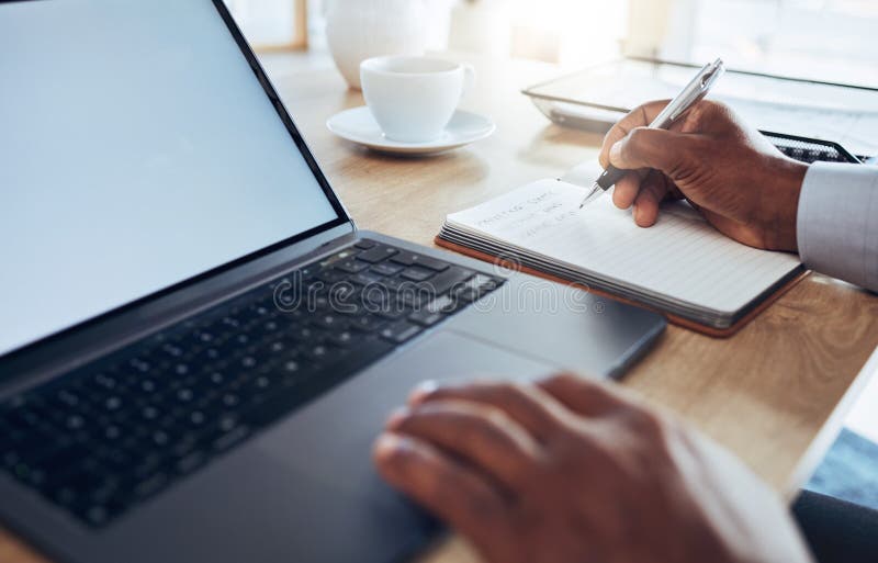 Hands, Laptop and Man Writing Notes for Business Schedule, Office ...