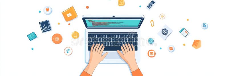 Hands on a Laptop with Minimalist Floating Icons Above on a Light ...