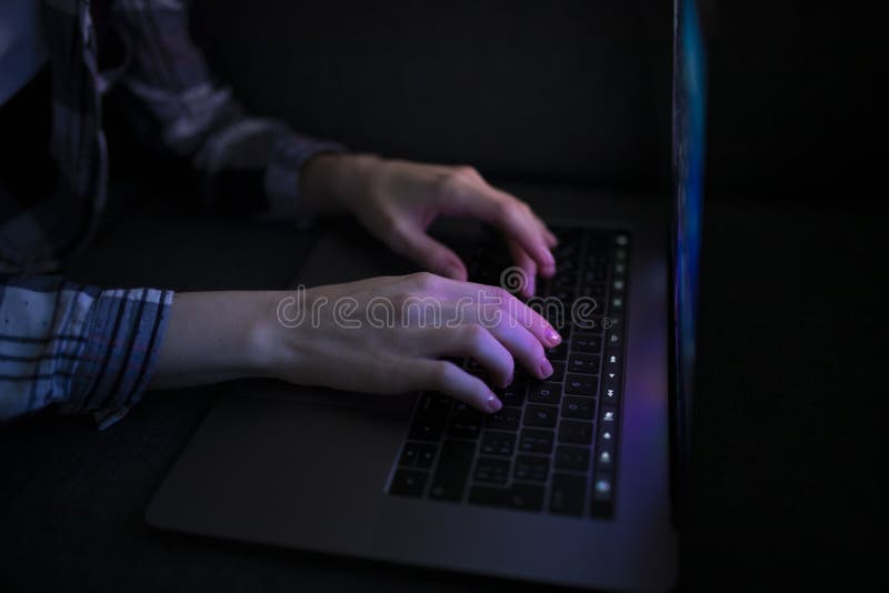 Hands with Laptop in Night Pressing Button Stock Photo - Image of media ...