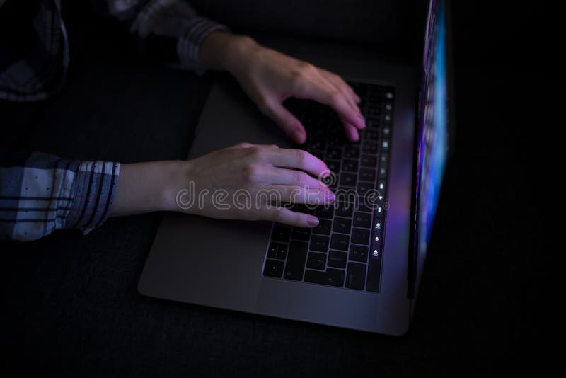 Hands with Laptop in Night Pressing Button Stock Image - Image of ...