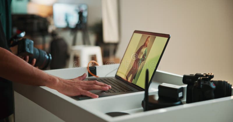 Hands, Laptop Screen and Photographer with Model in Studio for Photo ...