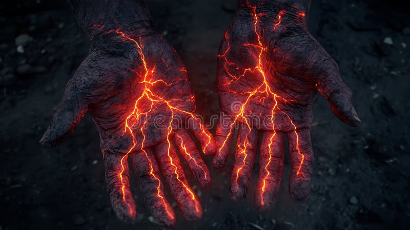 Hands with Lava-Like Cracks and Glowing Red Lines Stock Illustration ...