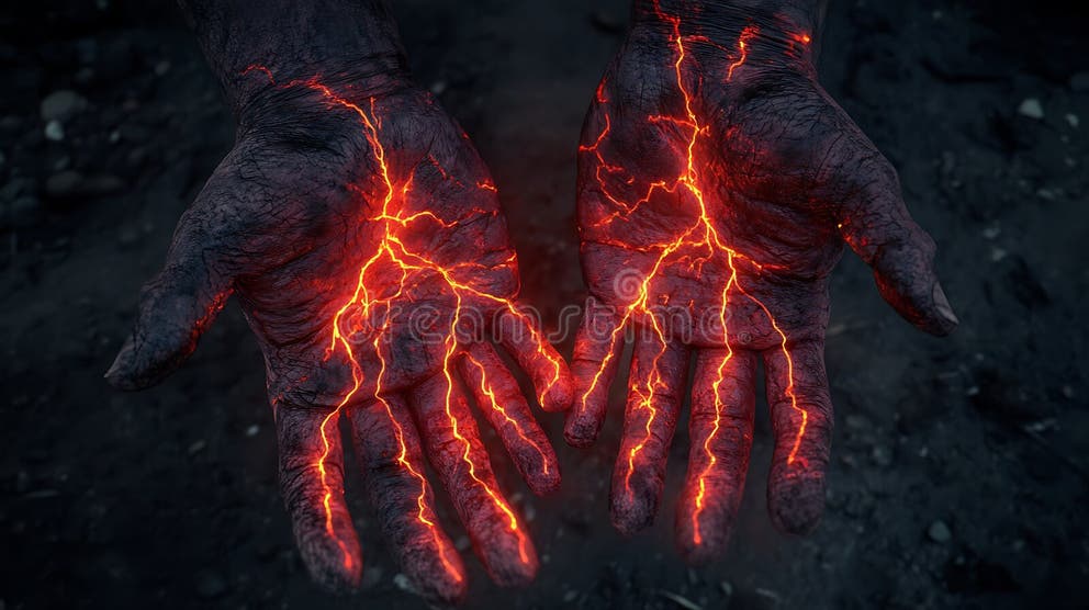 Hands with Lava-Like Cracks and Glowing Red Lines Stock Illustration ...