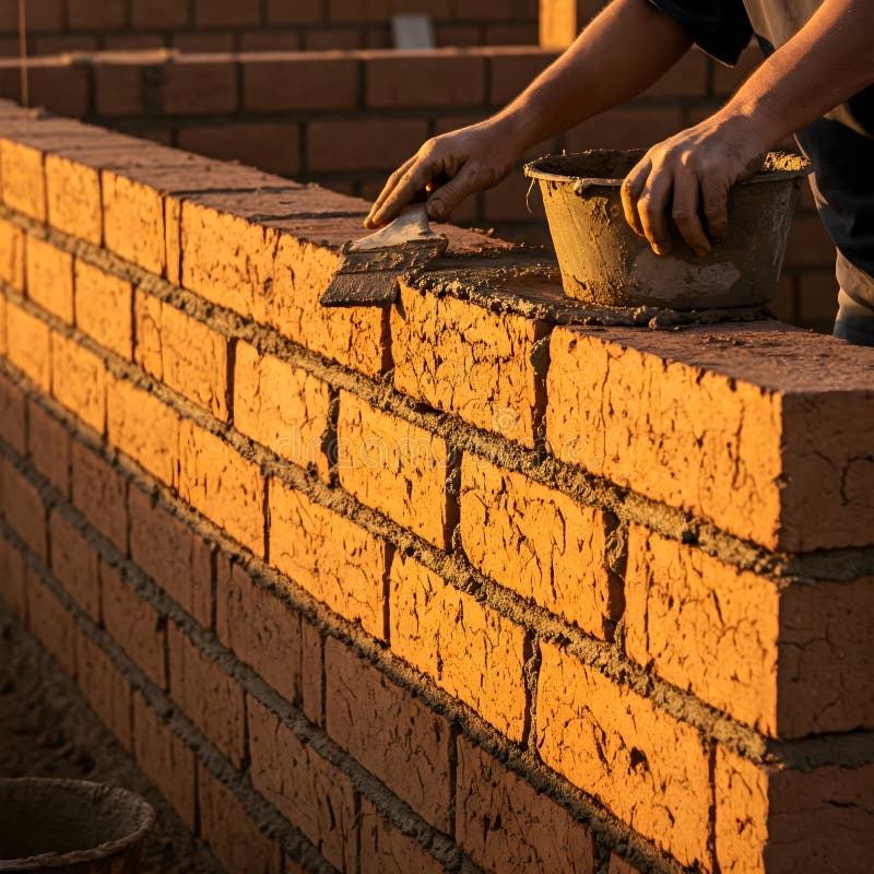 Hands Laying Bricks with Mortar, Constructing a Wall, Illustrating the ...