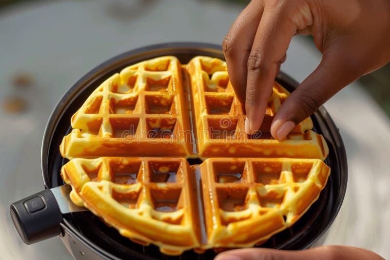 Hands Lifting Golden Waffle from Iron Stock Image - Image of iron ...