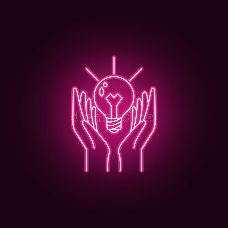 Hands and a Light Bulb Neon Icon. Elements of Idea Set Stock ...