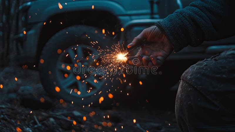 Hands Lighting Campfire Near Vehicle at Dusk, Flint Sparks . Stock ...