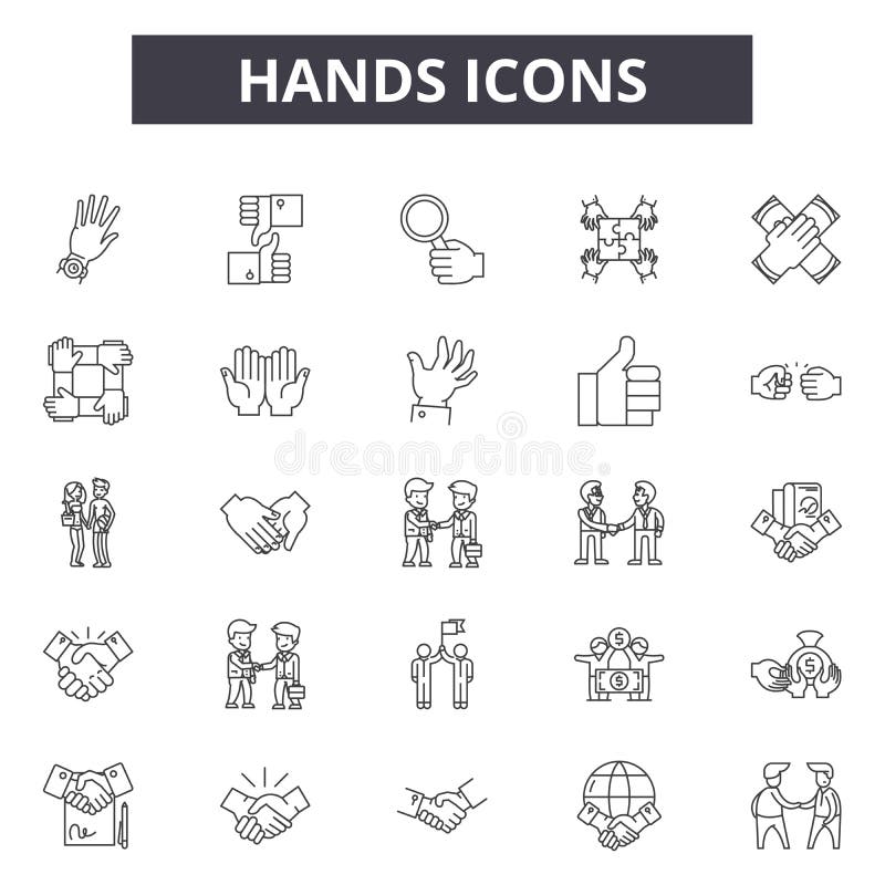 Hands Line Icons Signs Set. Design Collection of Palms, Clenched, Reach ...