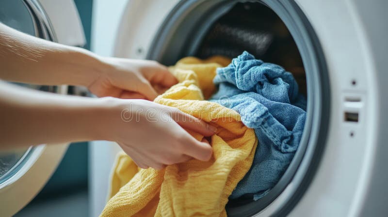 Hands Loading Colorful Laundry into a Washing Machine. the Scene ...