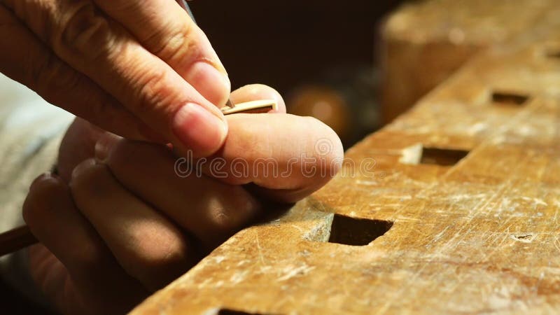 Hands Luthier Archetier Making a New Viola Bow at Workshop Workbench ...