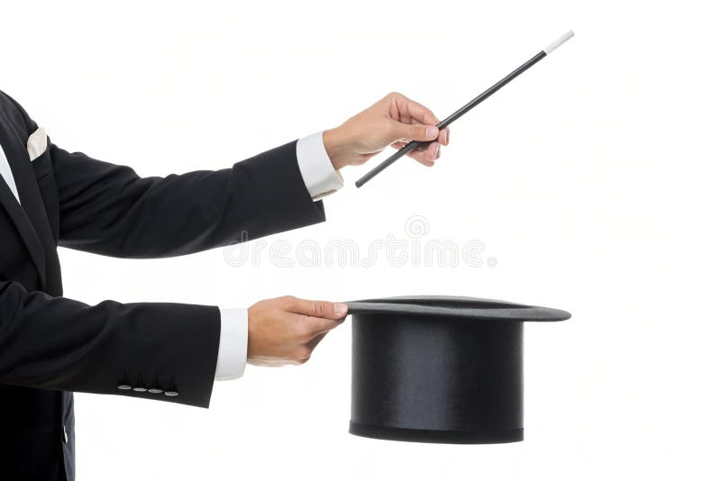 Hands of the Magician with Magic Wand and Top Hat Isolated on White ...